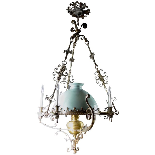 19th Century Spanish Colonial Steel Brass Chandelier With Glass Shade ...