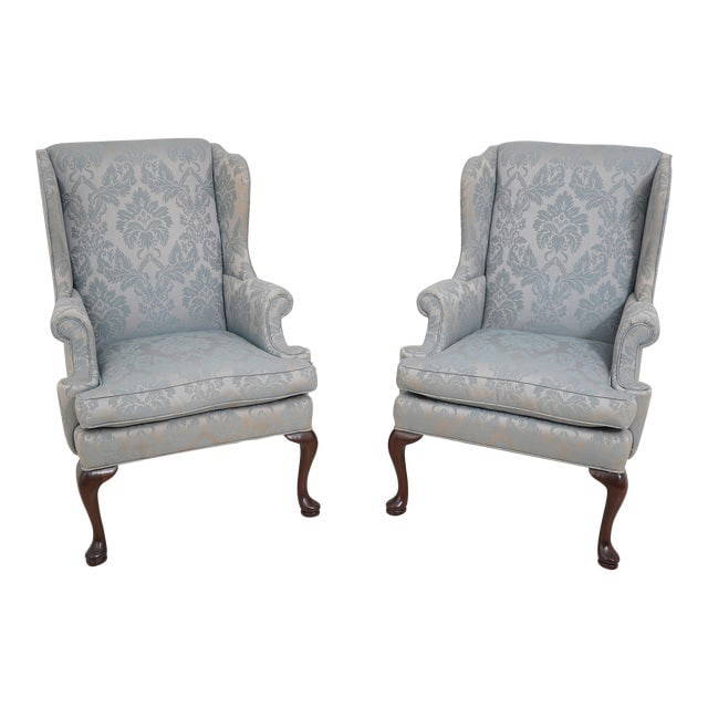 Hickory Chair Co Vintage Blue Damask Wingback Chairs Pair Auction