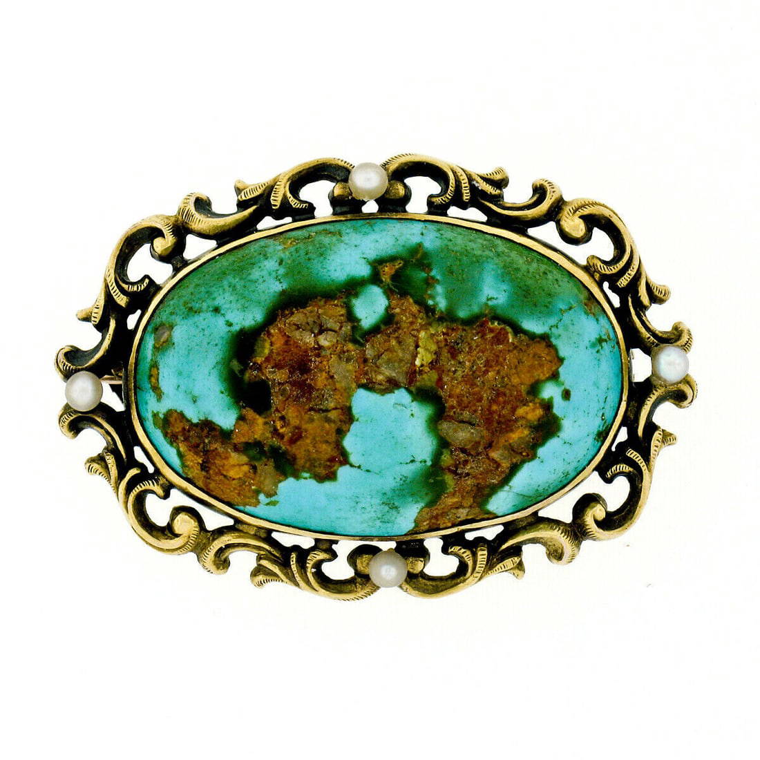 Antique Victorian 14k Yellow Gold Gia Turquoise Seed Pearl Brooch Pin ...
