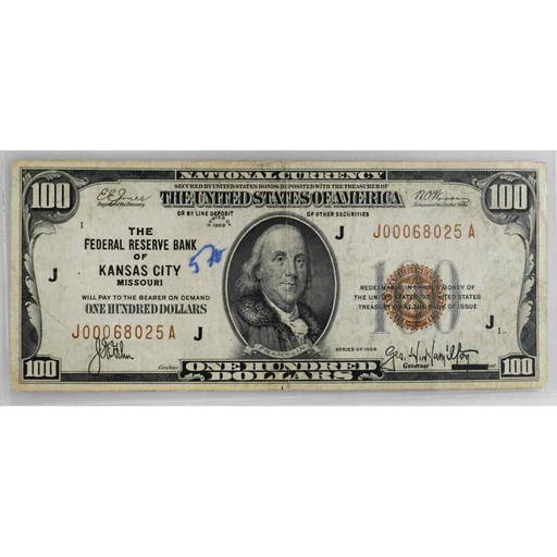 1929 Kansas City $100 National Currency Bill S/n J00068025a