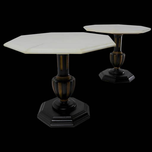 Pair Of Italian Marble Top Octagonal Tables With Gold And Black Bases