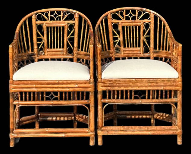 Elegant Vintage Tortoise Rattan Brighton Pavilion Chairs Pair