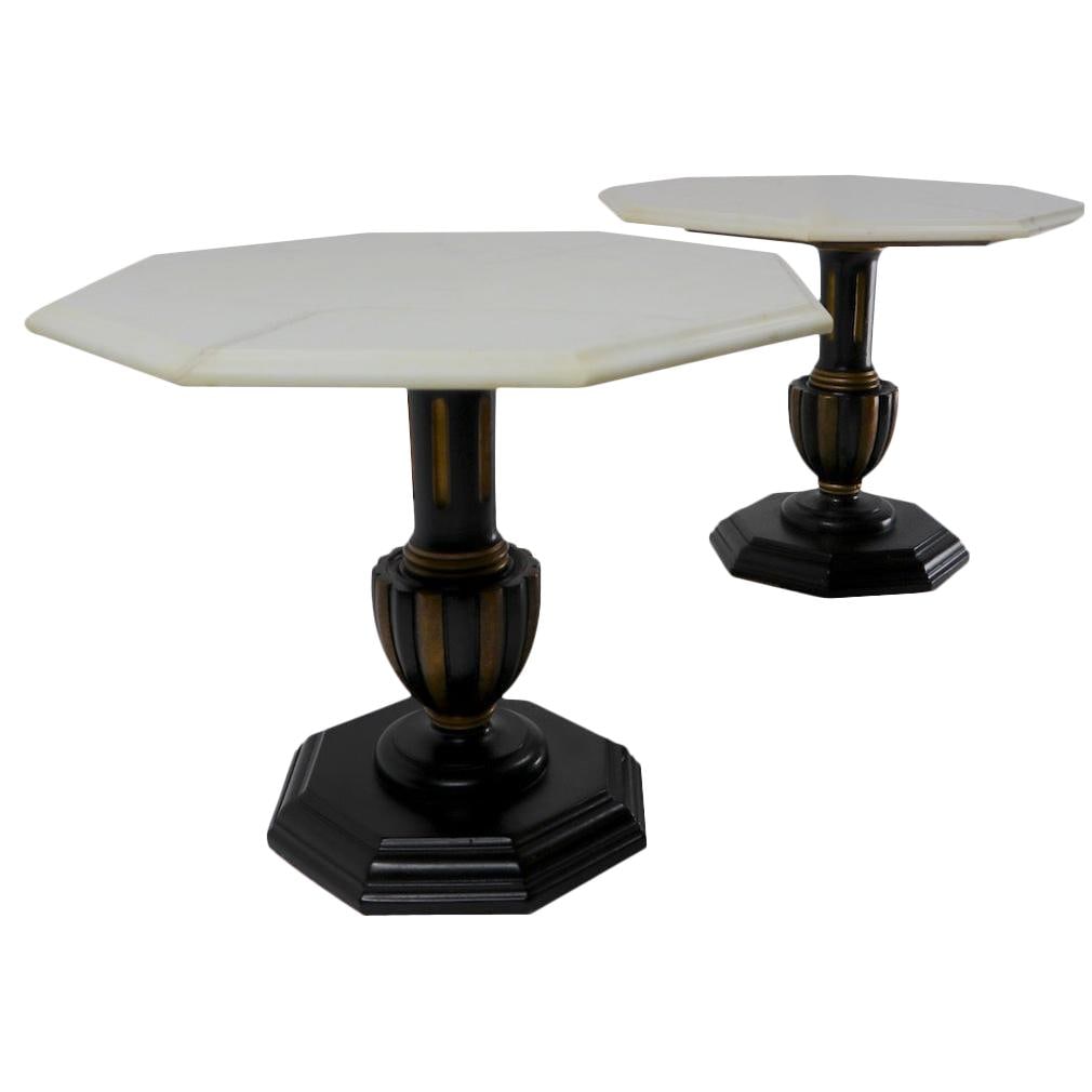Pair Of Italian Marble Top Octagonal Tables With Gold And Black Bases ...