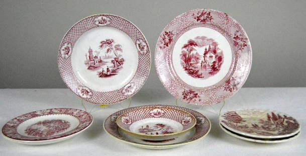 Eight Red Transferware Plates