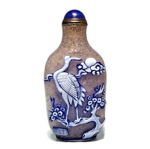 Fine Peking Glass Snuff Bottle Signed, Qianlong, Storks