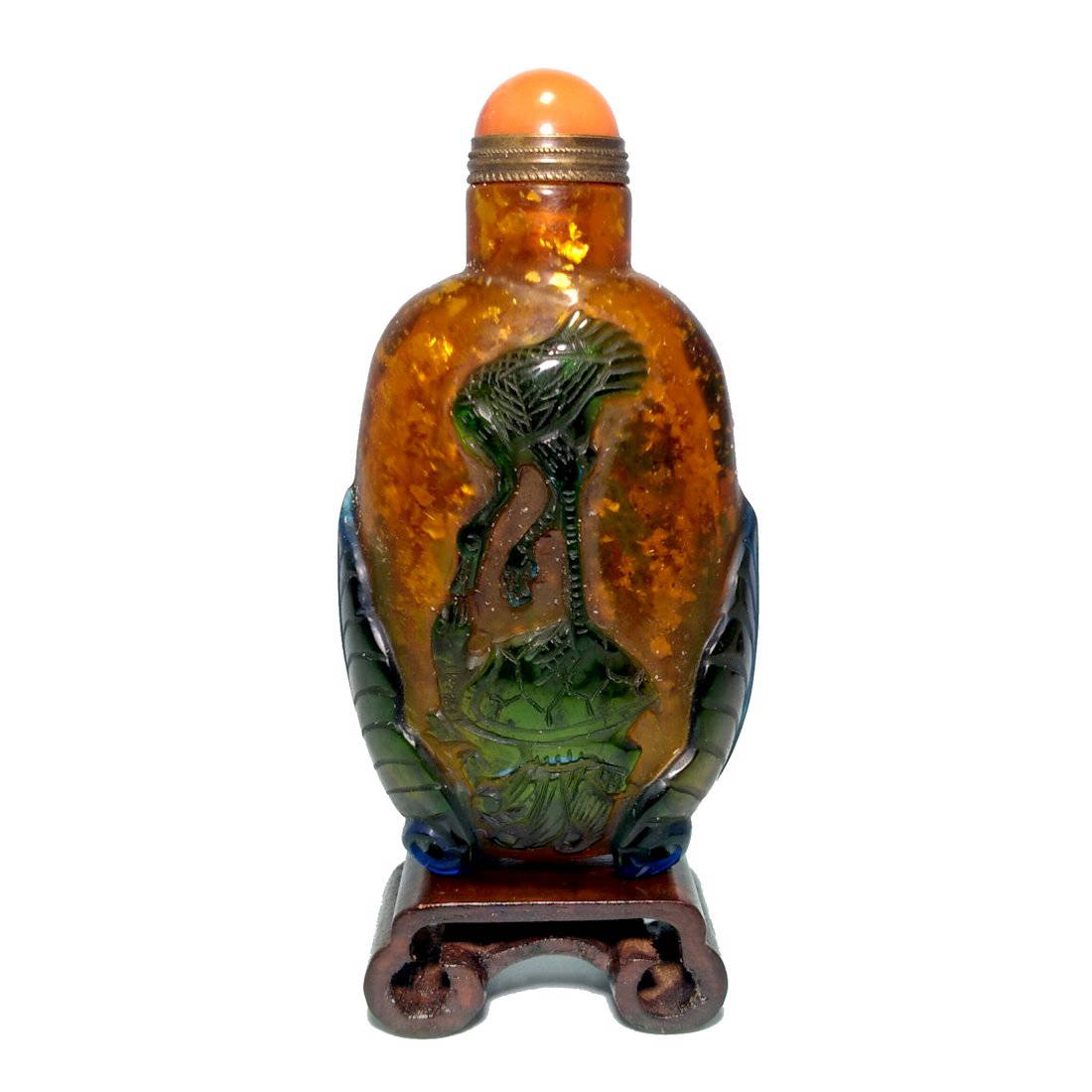 Beautiful Chinese Footed Peking Glass Snuff Bottle Dragon Stork Turtle ...