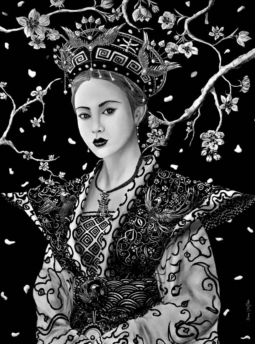 Superb Portrait Chinese Girl Phoenix Drawing In Charcoal By Artist ...