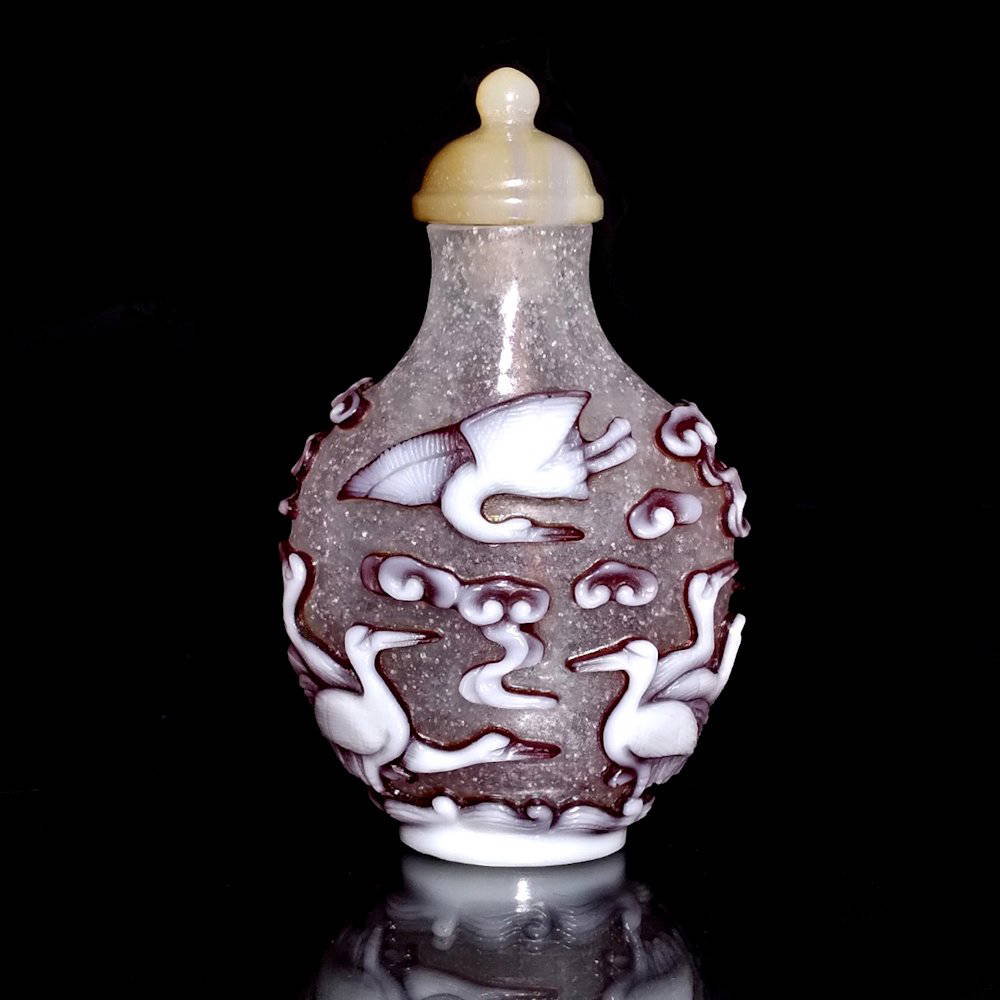 Antique Chinese Peking Glass Snuff Bottle 18/19th C Storks Clouds Auction