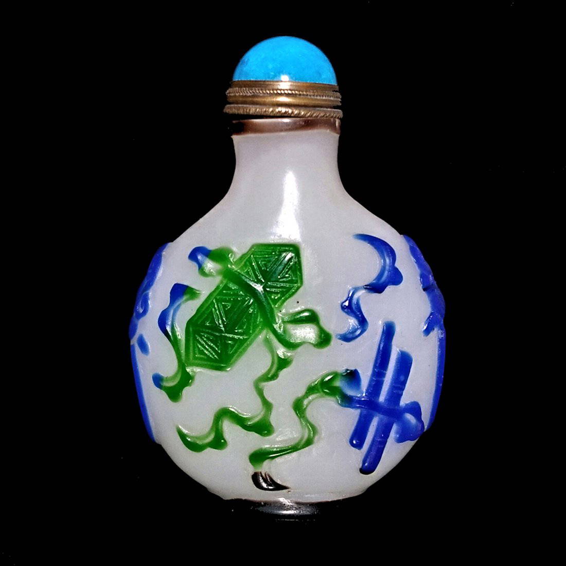 Antique Chinese Peking Glass Snuff Bottle 5 Colors Immortal Objects Auction