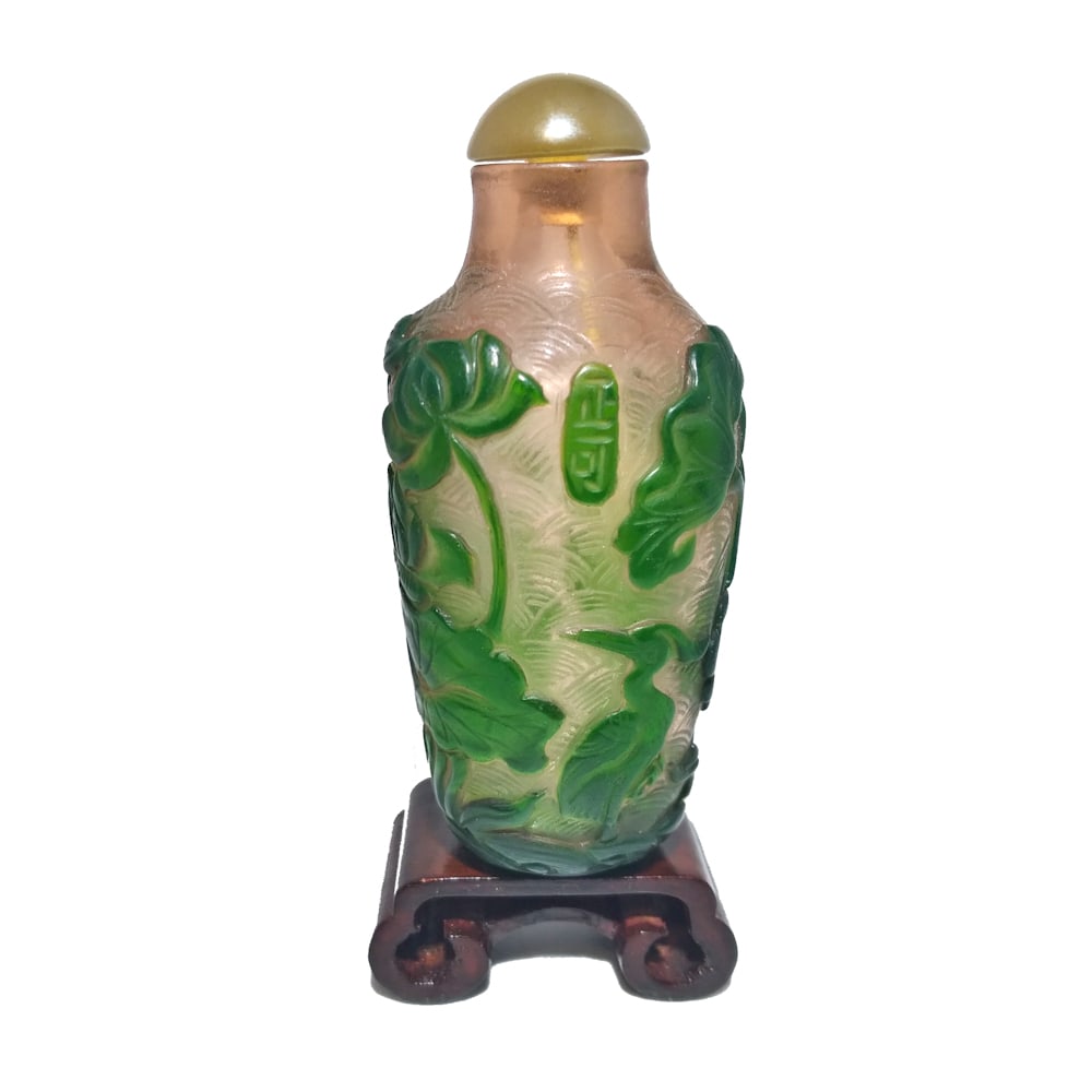 Antique Chinese Peking Glass Snuff Bottle Storks Lotus Auction