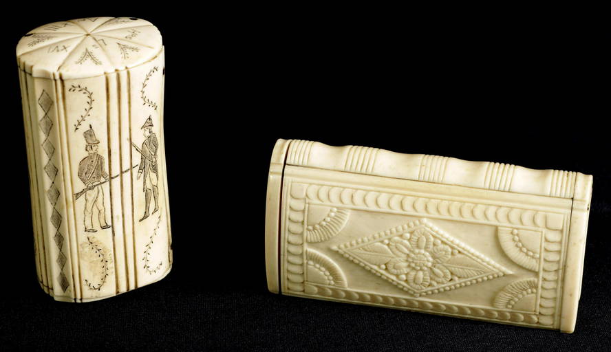 Two 19th Century Prisoner Of War Carved Bone Snuff Boxes