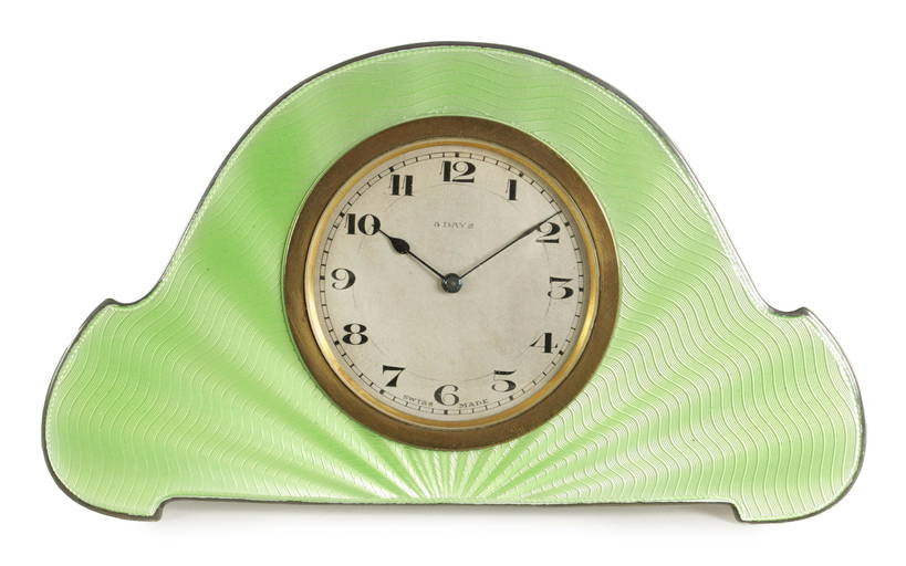 An Art Deco Silver And Guilloche Enamel Strut Clock