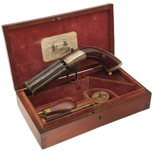 A FINE AND VERY RARE CASED 80-BORE SIX-SHOT PEPPERBOX REVOLVER BY ...