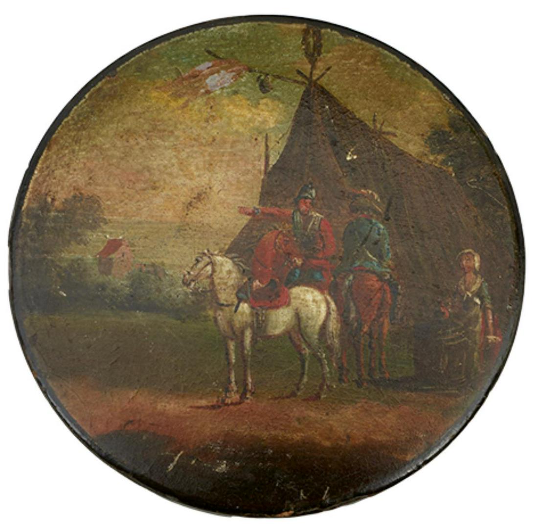 A Georgian Papier Mache Patch Box, The 9.5cm Diameter Lid Painted With ...