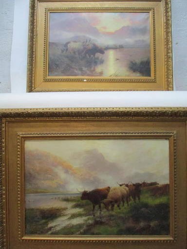 H R Hall A Pair Of Loch Scenes With Highland Cattle