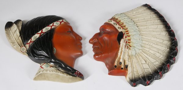 628: 2 Painted Ceramic Indian Busts Wall Plaques