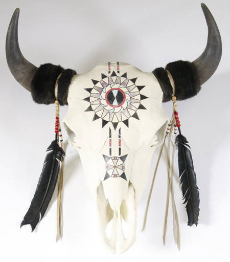 20th C. Paint Decorated Buffalo Skull W/horns