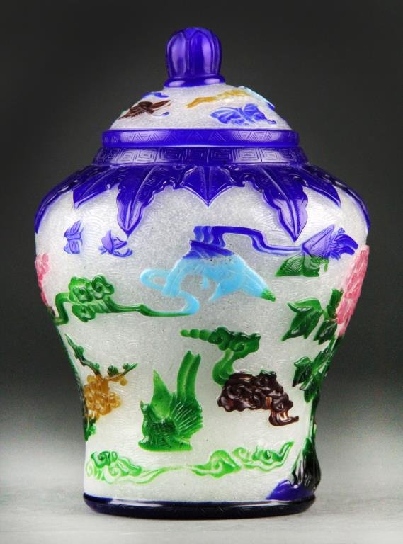 Chinese Peking Glass Covered Jar - Blue/Multicolored/Fr