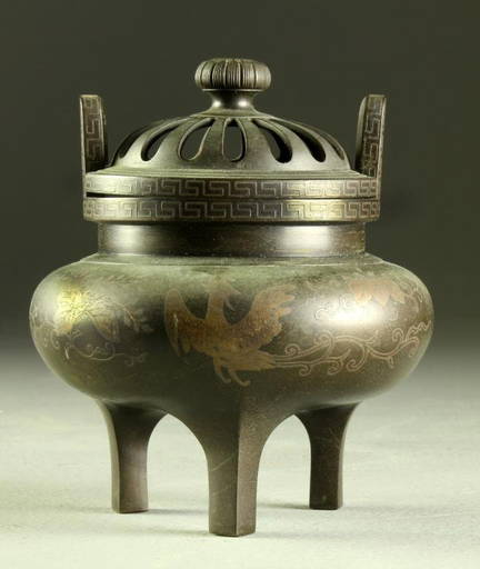 A Fine Japanese Inlaid Bronze Censer