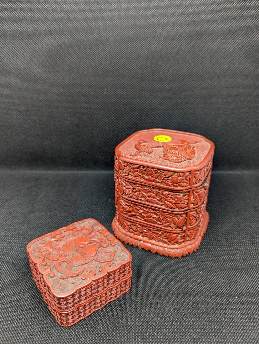 Qing Dynasty, A Set Of Rouge Boxes With Carved Red Carvings Auction