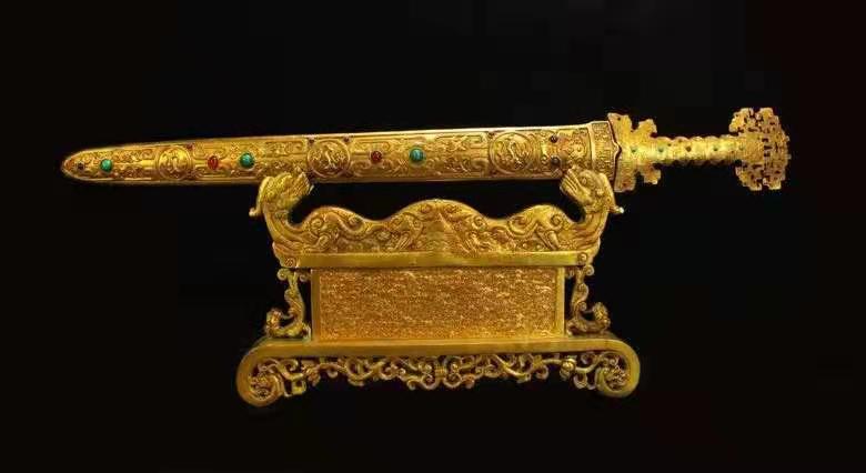 24k Gold Gilt And Inlaid Gems Chinese Sword