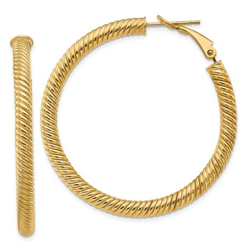 14k Yellow Gold Twisted Round Omega Back Hoop Earrings 35 Mm