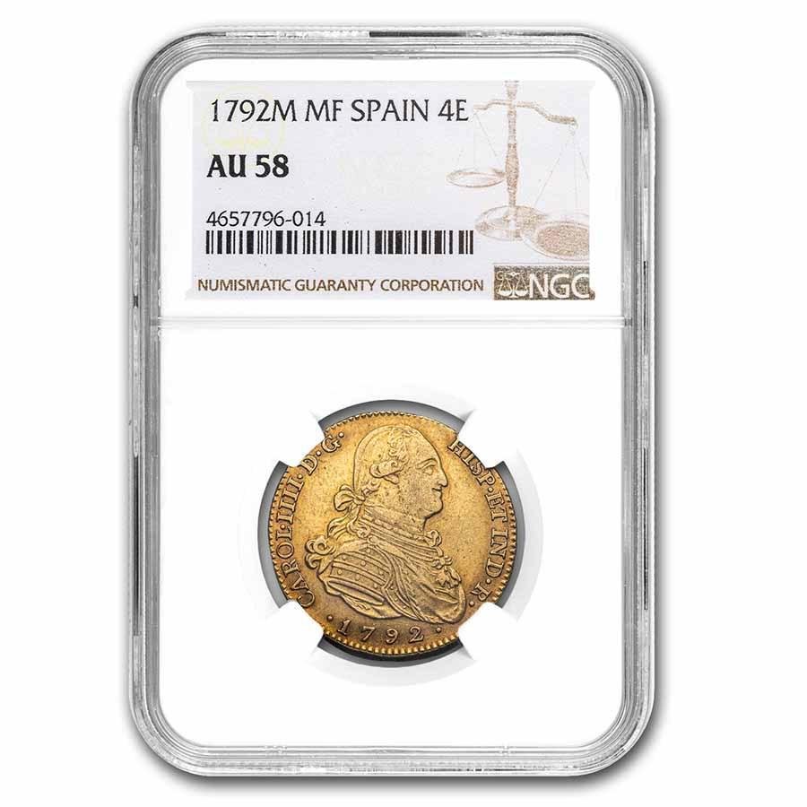 1792 M Mf Spain Gold 4 Escudos Charles Iiii Au 58 Ngc
