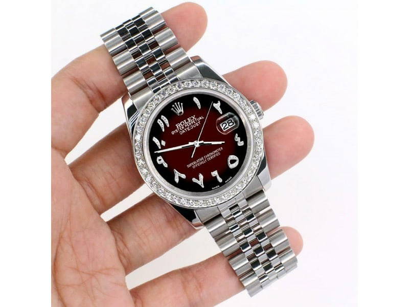 Rolex Datejust 116200 36mm 2ct Diamond Bezel/maroon Vignette Arabic ...