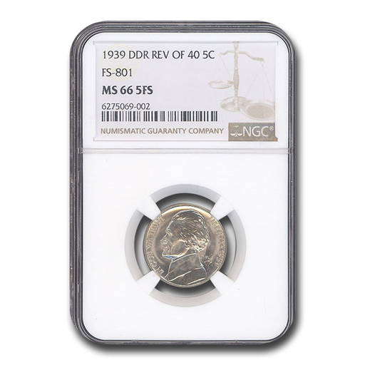 1939 Jefferson Nickel Ms 66 Ngc (ddr Fs 801, Rev Of 40, 5fs)
