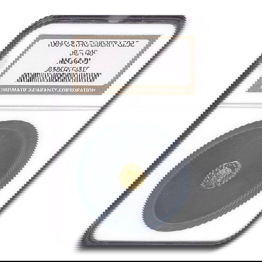 1869 Liberty Octagonal 25 Cent Gold Ms-64 Ngc (pl, Bg-748) Auction