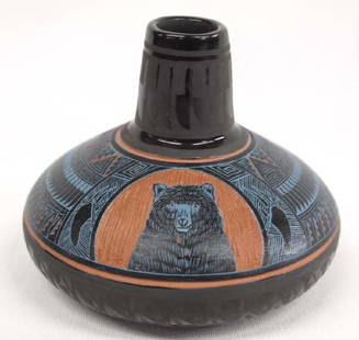 Navajo Etched Bear Pottery Olla Paul Lansing Jr