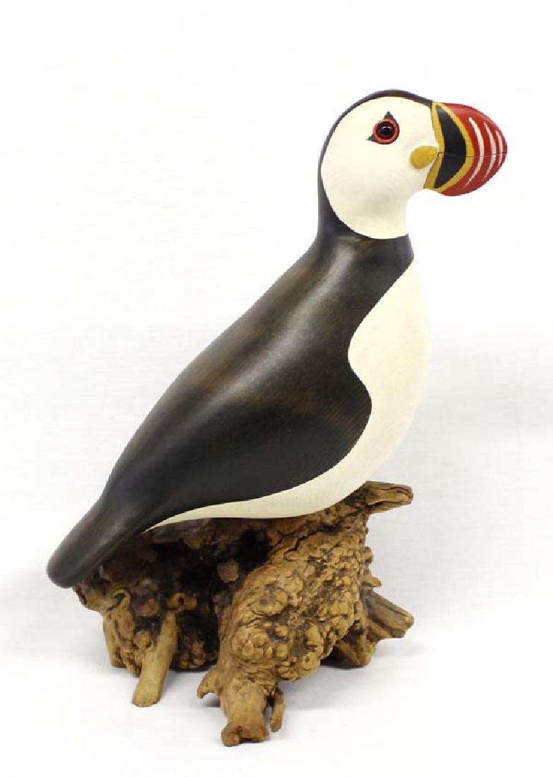 Hand Carved Wood Puffin Bird Perched on Wood Burl