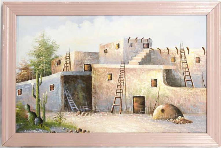 Original Framed Southwestern Pueblo Oil Painting
