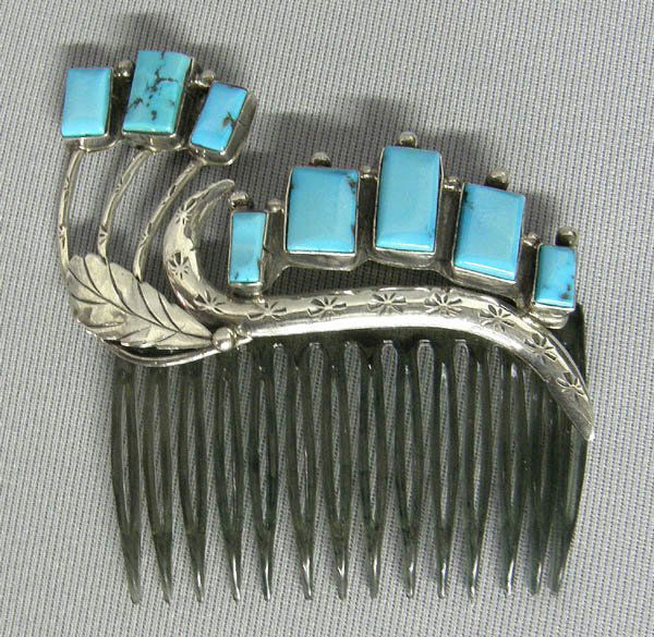 1545: Southwest Sterling Silver & Turquoise Hair Comb
