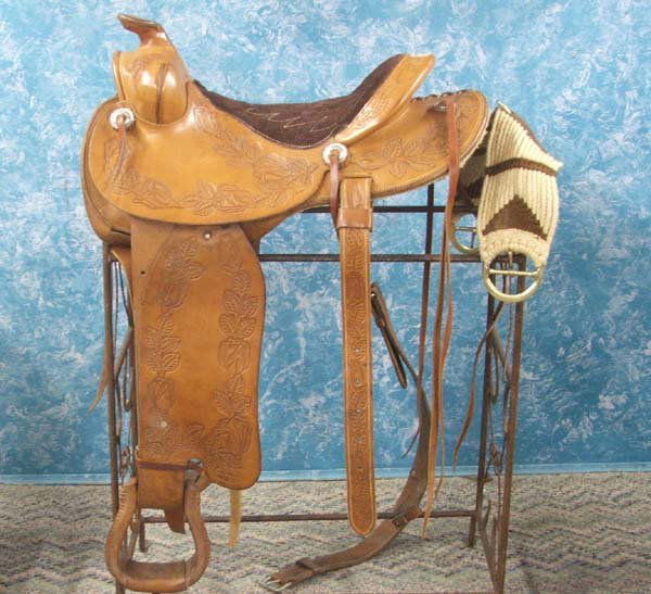 1612: 1970s Fallis Hand Tooled Leather Western Saddle