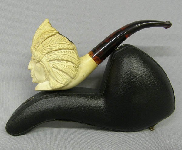 1703: Carved Meerschaum Indian Head Pipe & Case 5.25''L