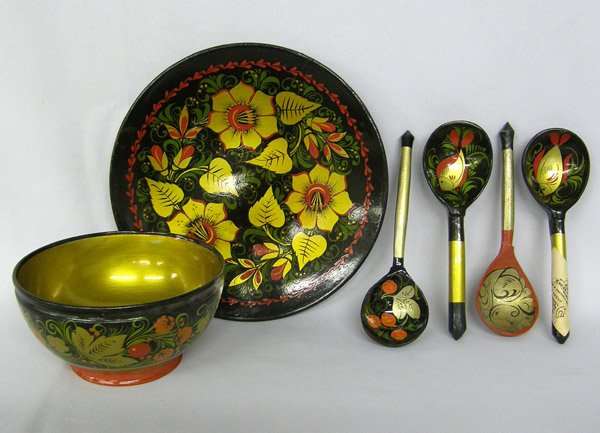 Russian Lacquer Ware Bowl, Spoons, Plate