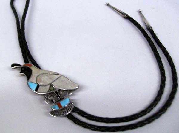 Zuni Silver Inlay Quail Bolo Tie