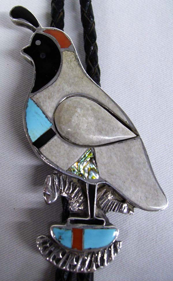 Zuni Silver Inlay Quail Bolo Tie