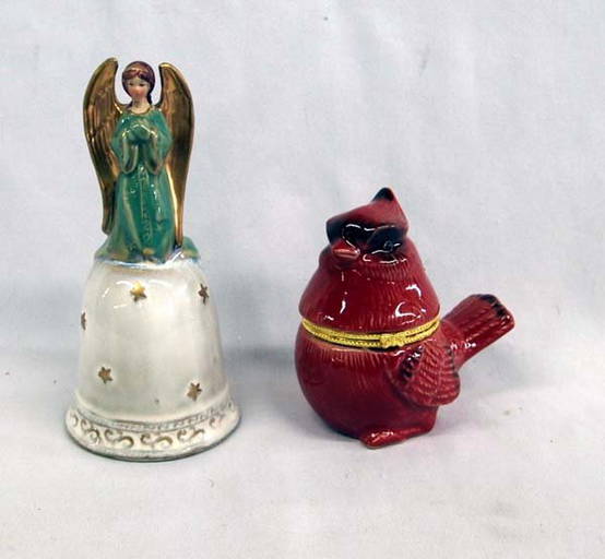 Ceramic Angel Bell And Hinged Cardinal Trinket Box