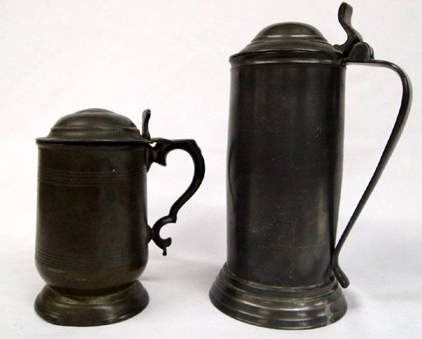 Pr Antique Pewter Lidded Tankards
