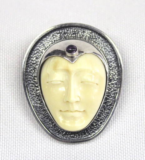 Carved Ivory Face Set In Sterling Brooch Pendant