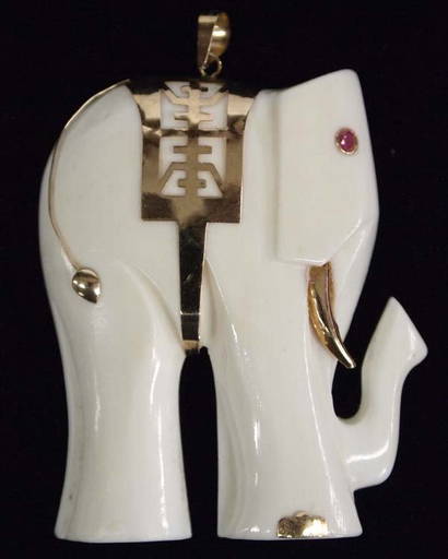 Beautiful 14k And Carved Bone Elephant Pendant