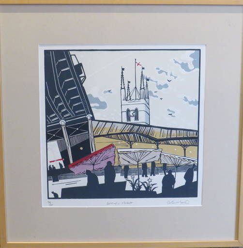 Colin Moore, British, Linocut Borough Market