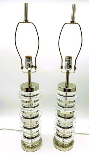 Pair Of Lucite Threaded Stacked Disk Table Lamps