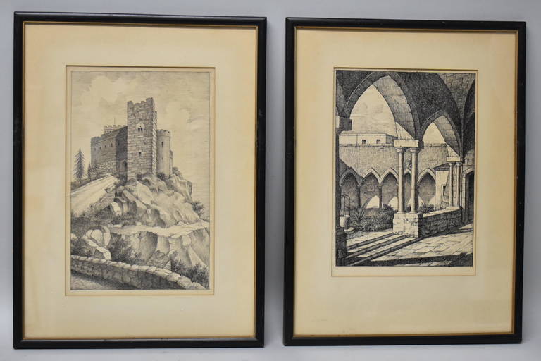 2 Architectural Original Pen And Ink Drawings
