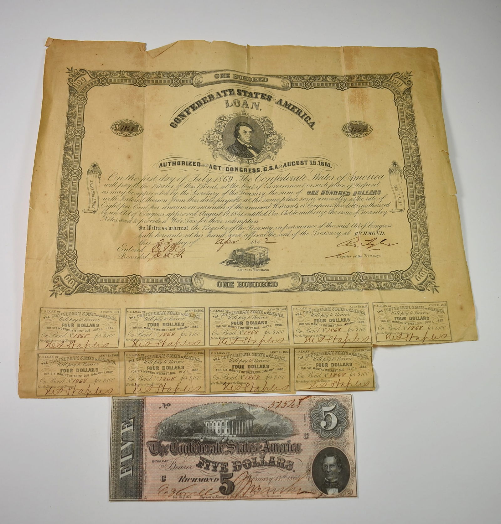 Confederate Loan Notes And 5 Dollar Bill Auction