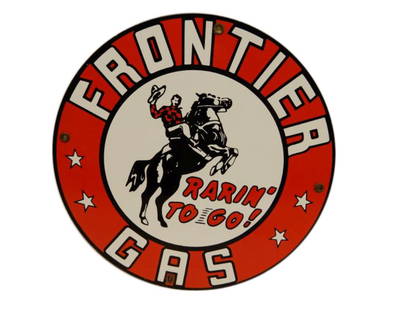 Vintage 1960s Porcelain Enamel Sign, Frontier Gas, "rarin' To Go!"