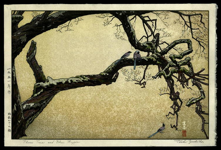 Toshi Yoshida Woodblock Plum Tree And Blue Magpie