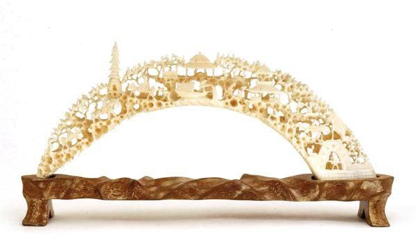 Chinese Ivory Tusk Bridge Scene Pagoda Figurine